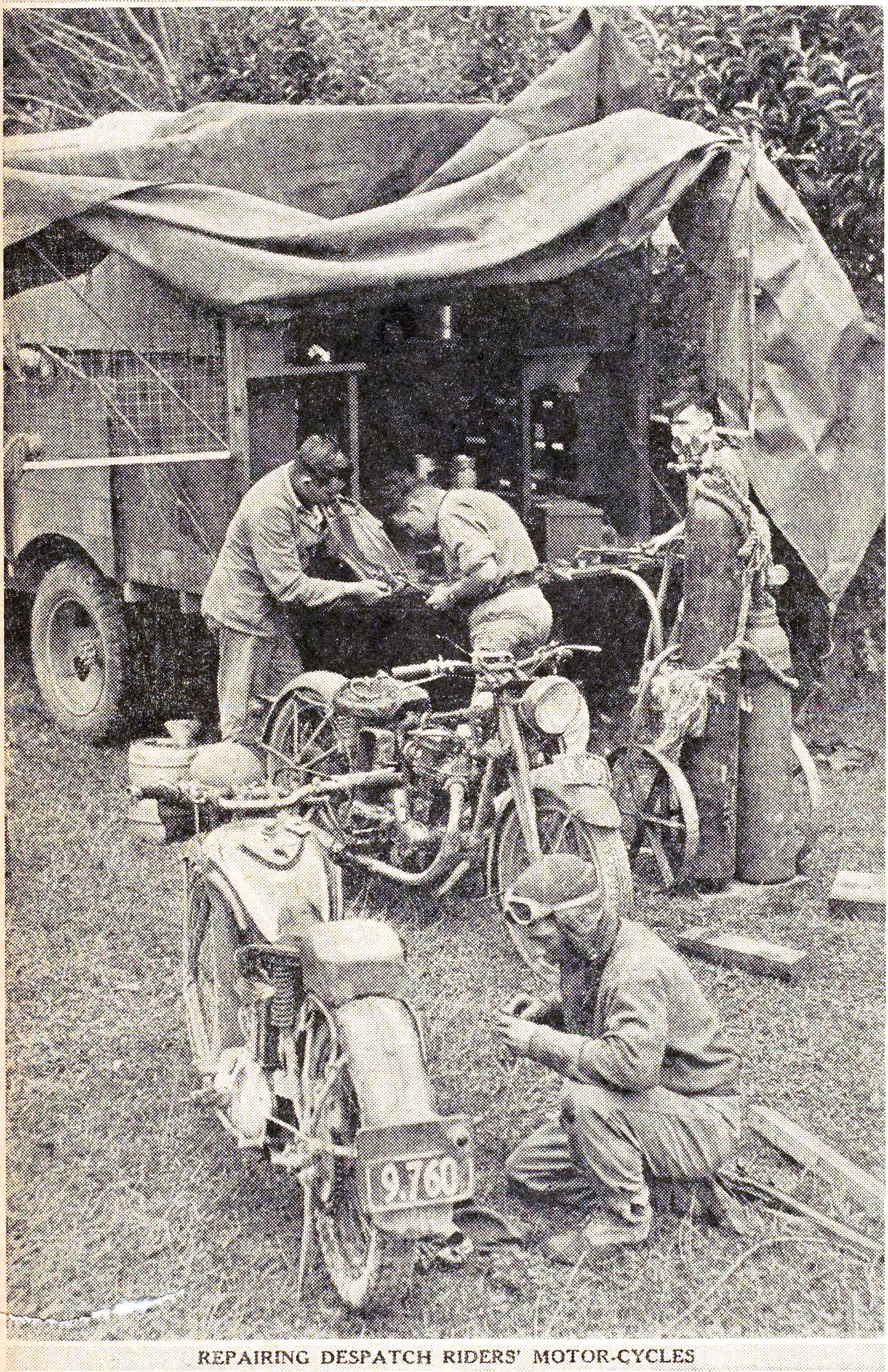 Repairing despatch riders’ motor-cycles. | "To the Warriors Their Arms"